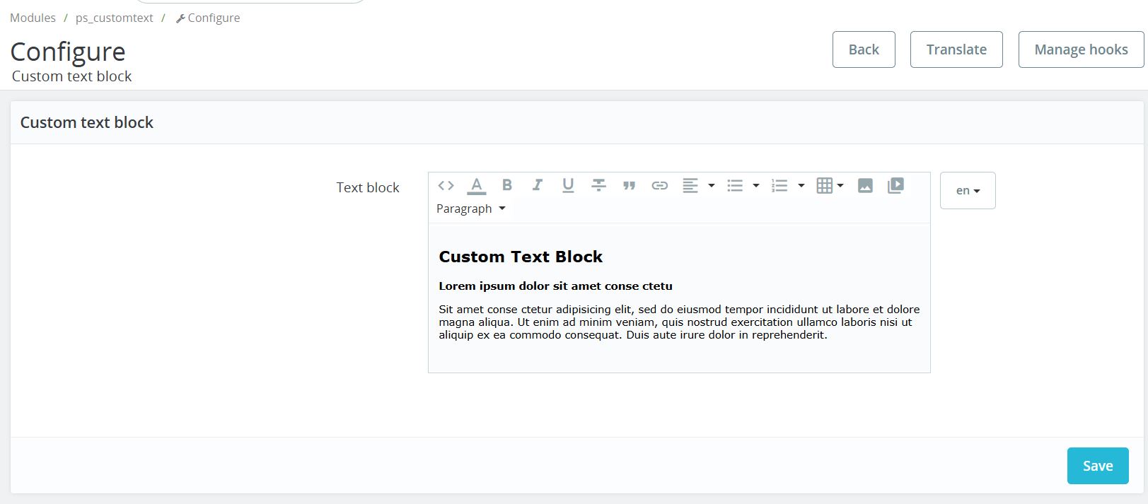 Configure the homepage: add a text block. – PrestaShop